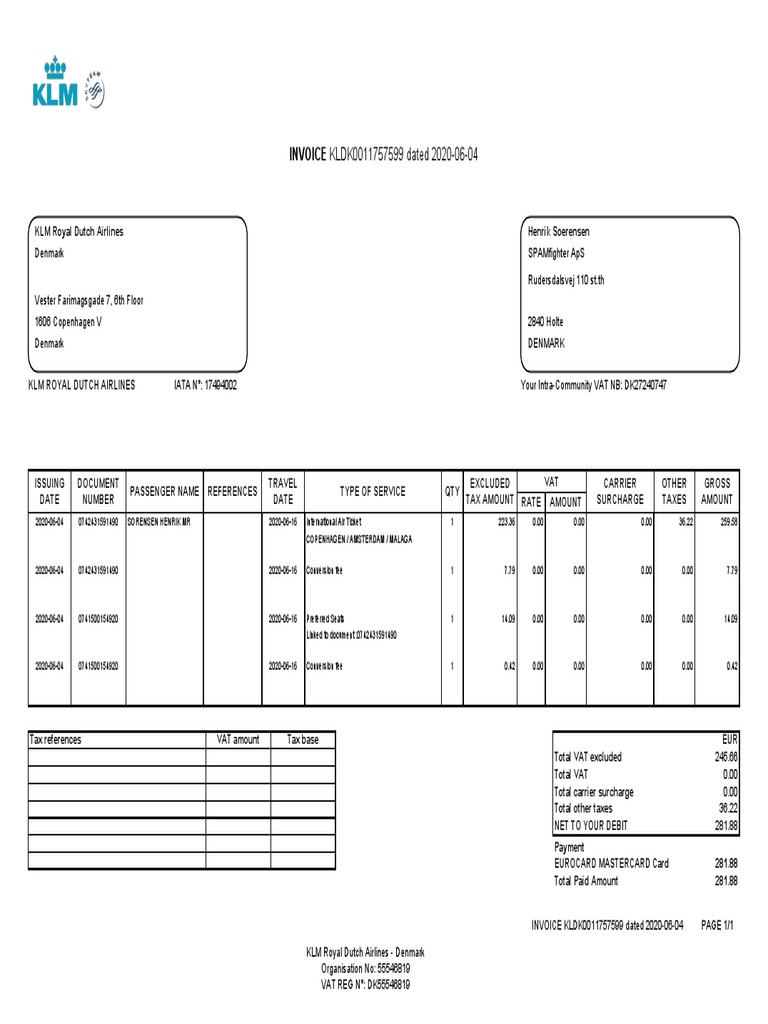 KLMinvoice 04062020 | PDF | Airlines | Value Added Tax