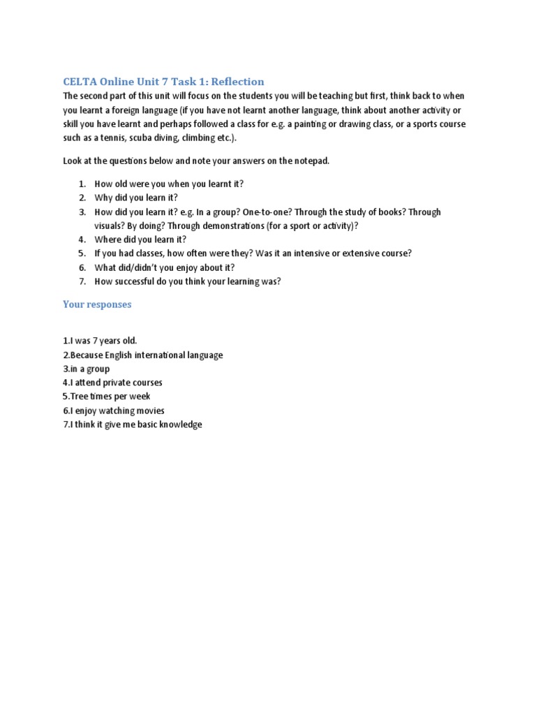 CELTA Online Unit 7 Task 1 - Reflection | PDF
