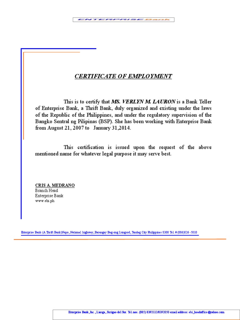 Certificate of Employment-EBI | PDF