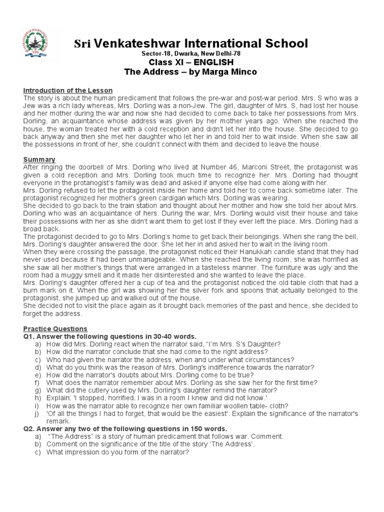 Sri Venkateshwar International School: Class Xi - English The Address ...