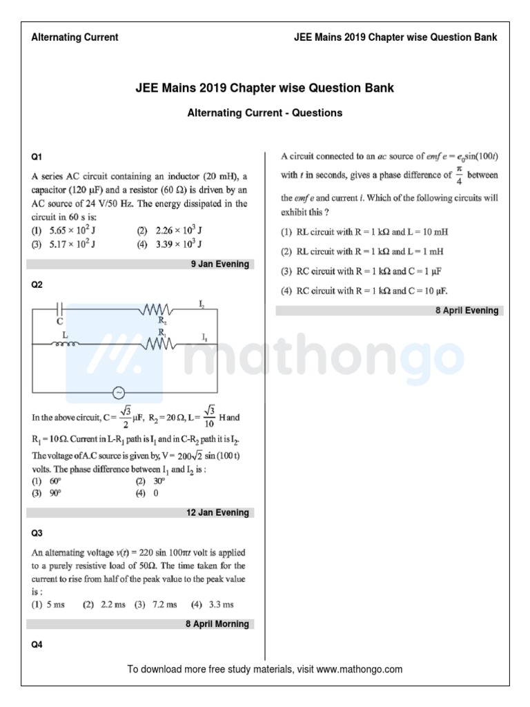 JEE Mains 2019 Chapter Wise Question Bank: Alternating Current ...