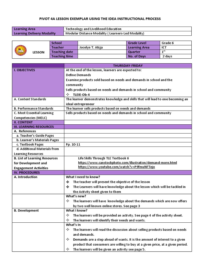 Pivot 4A Lesson Exemplar Using The Idea Instructional Process | PDF ...