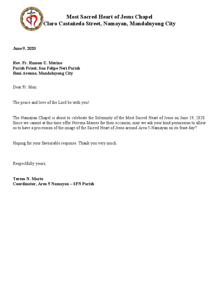Most Sacred Heart of Jesus Chapel Letter For Solemnity of The Sacred ...