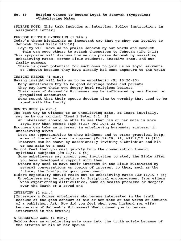 No. 19 Helping Others To Become Loyal To Jehovah (Symposium ...