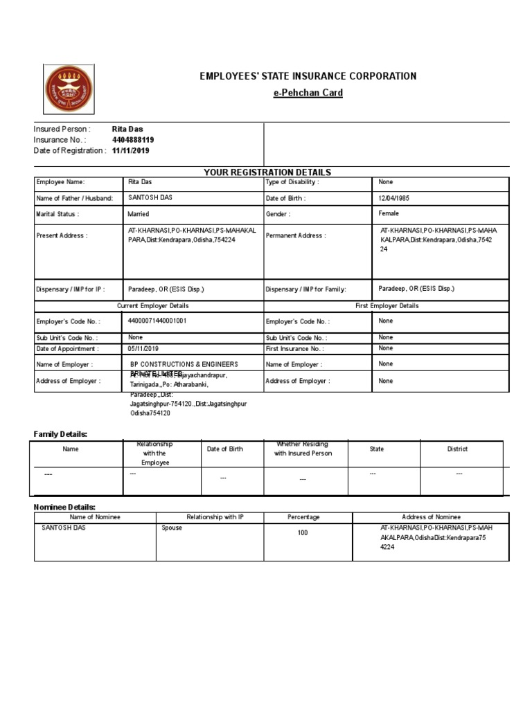 Employees' State Insurance Corporation E-Pehchan Card: Insured Person ...