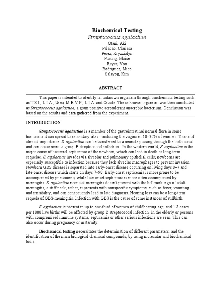 Streptococcus Agalactiae: Biochemical Testing | PDF | Streptococcus ...