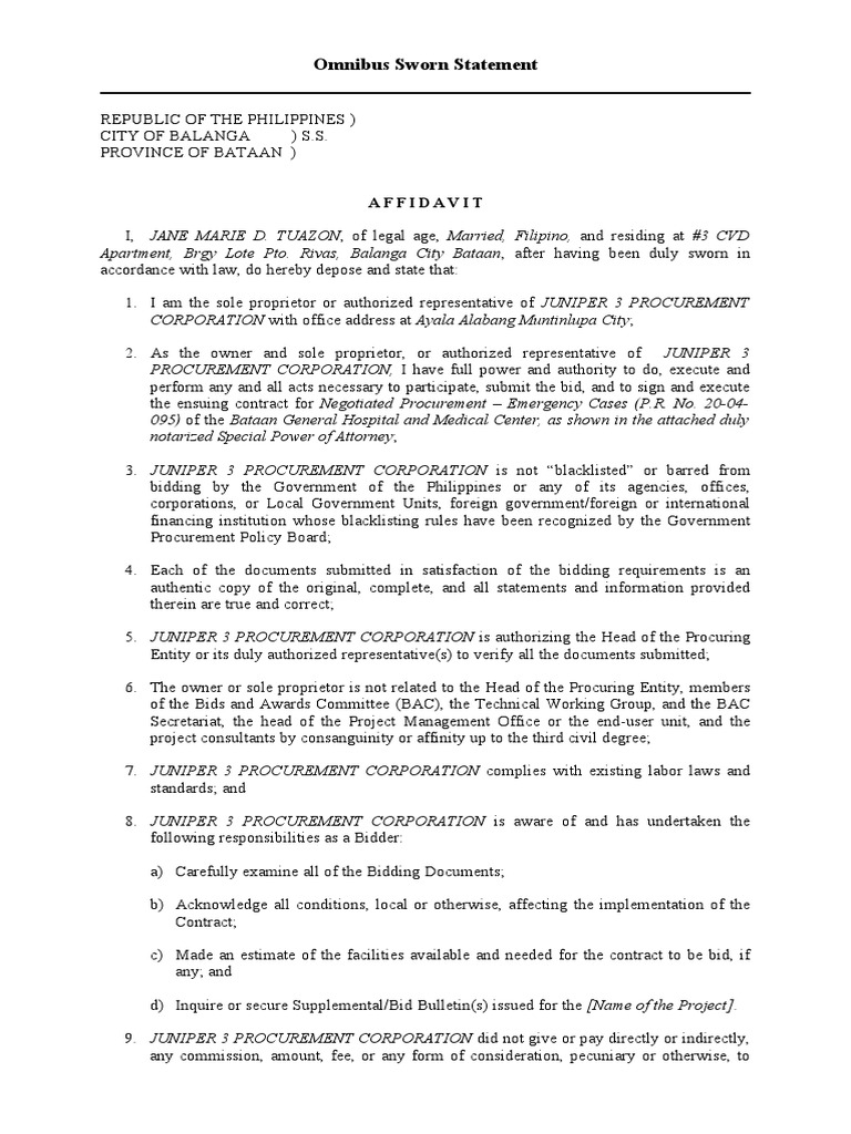 Omnibus Sworn Statement EC | PDF | Affidavit | Signature
