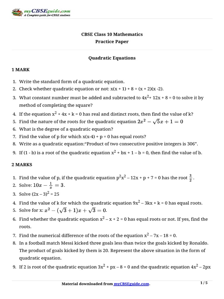 CBSE Class 10 Mathematics Practice Paper: Material Downloaded From - 1 ...