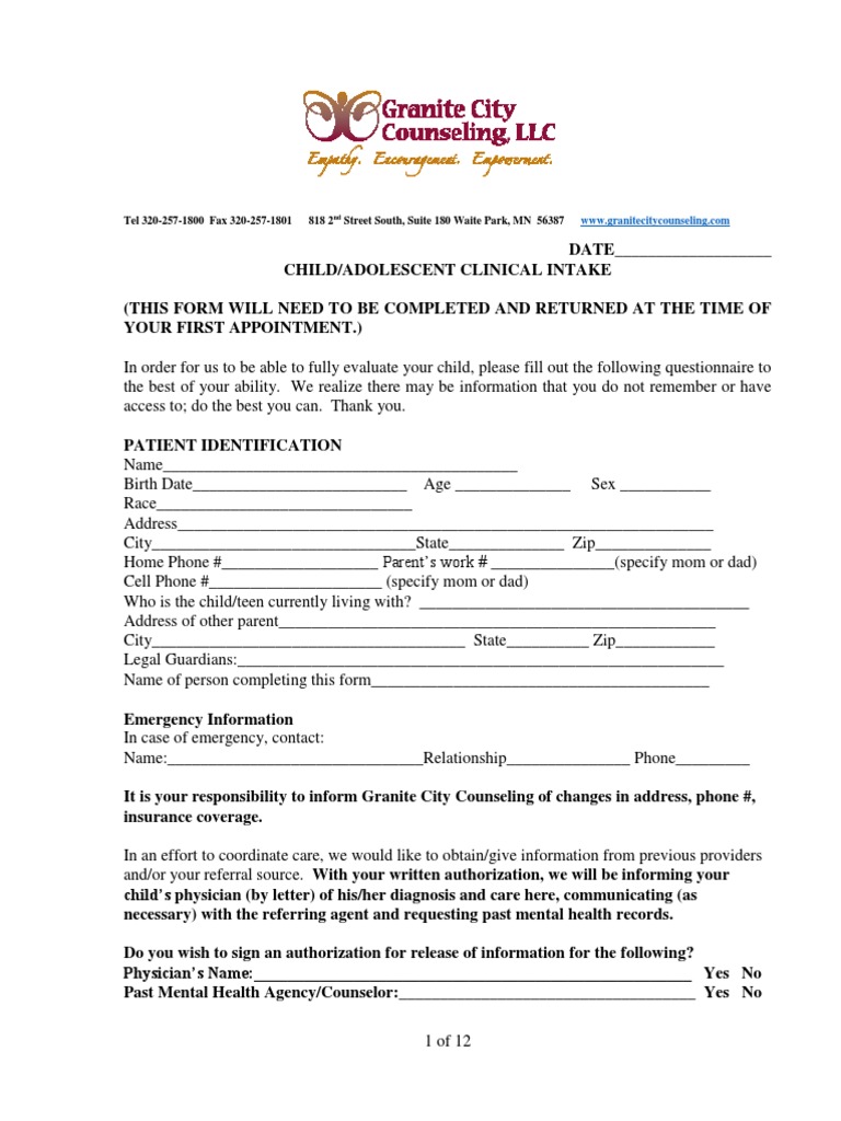Child Adolescent Clinical Intake | PDF | Child Abuse | Mental Health