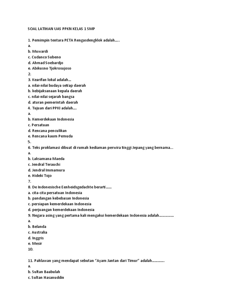 Soal Latihan Uas PPKN Kelas 1 SMP | PDF