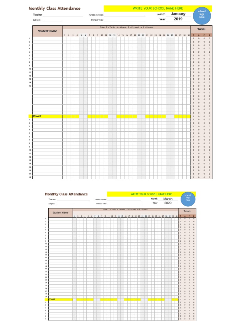 Monthly Class Attendance: Totals Student Name | PDF | High Schools And ...