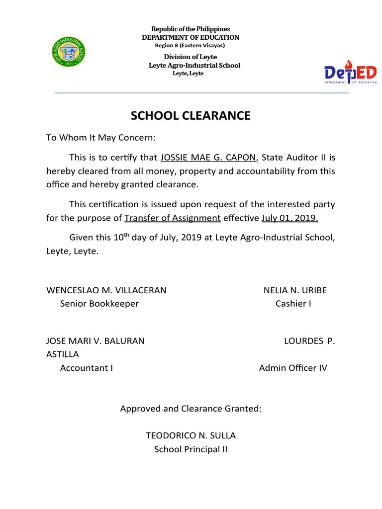 School Clearance: Department of Education Division of Leyte Leyte Agro ...