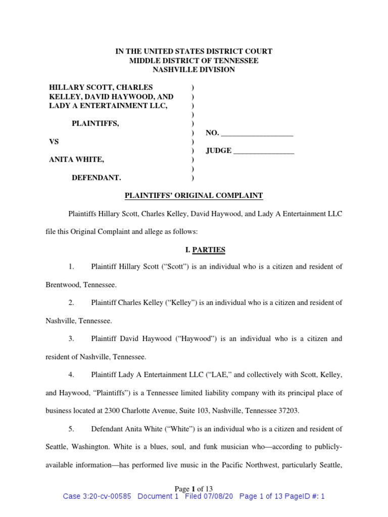 Lady A Trademark Dispute Complaint | PDF | Declaratory Judgment | Trademark