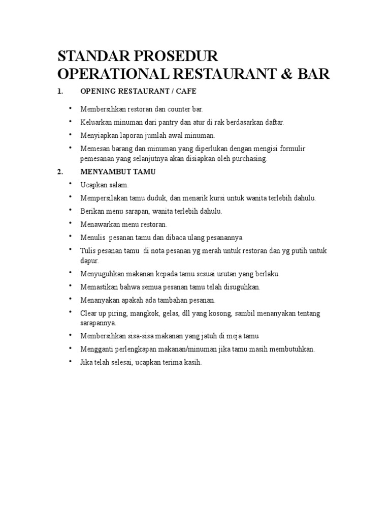 SOP Restoran Cafe | PDF