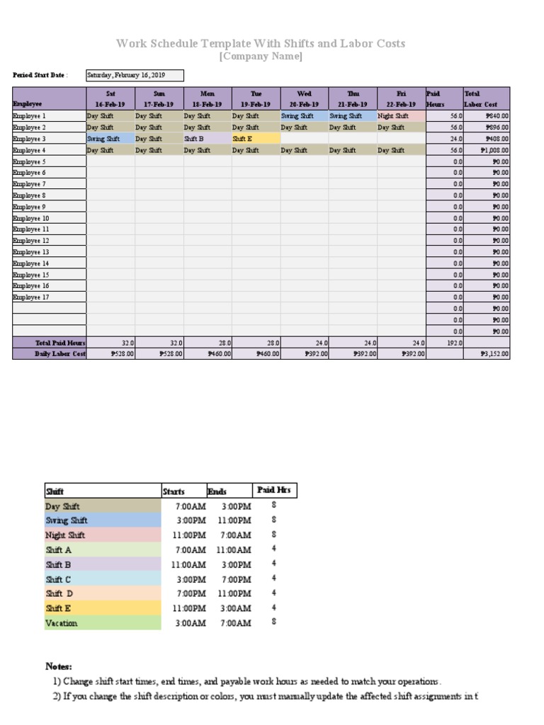Work Schedule Template With Shifts and Labor Costs: (Company Name ...