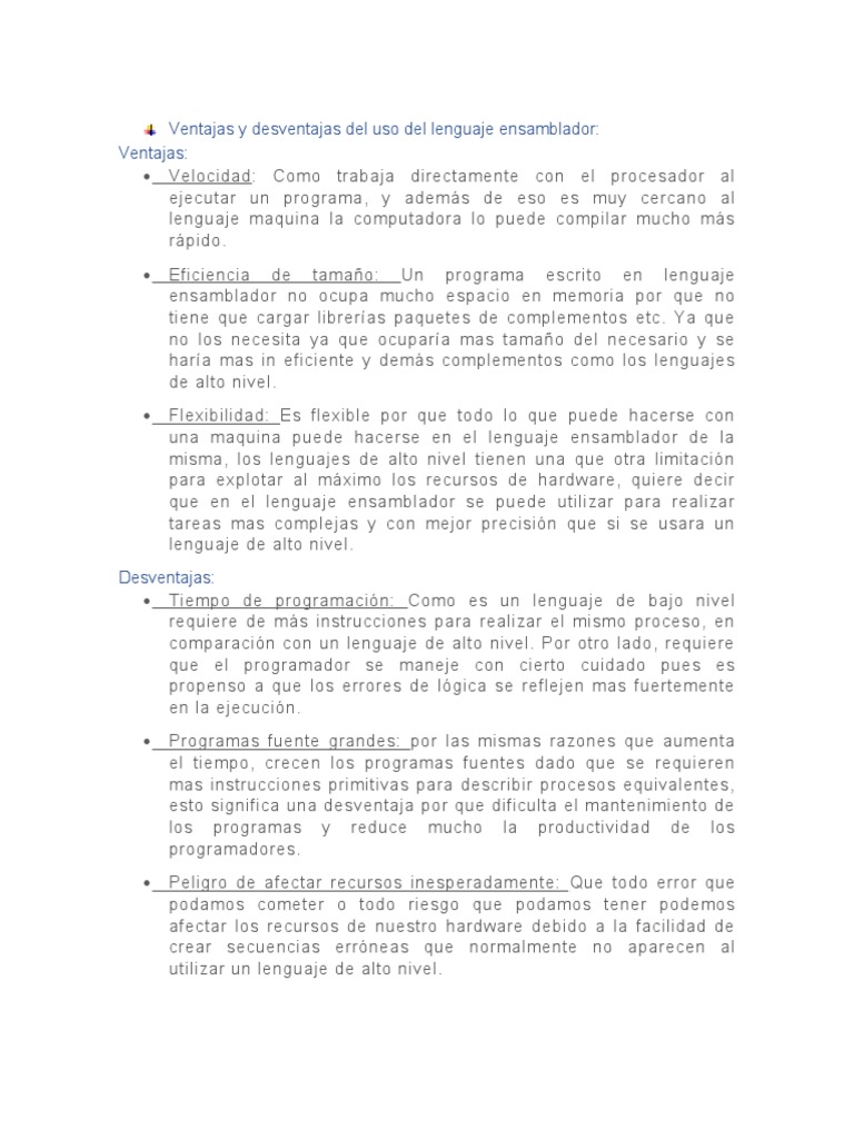 Ventajas y Desventajas Del Uso Del Lenguaje Ensamblador | PDF | Unidad Central de procesamiento ...