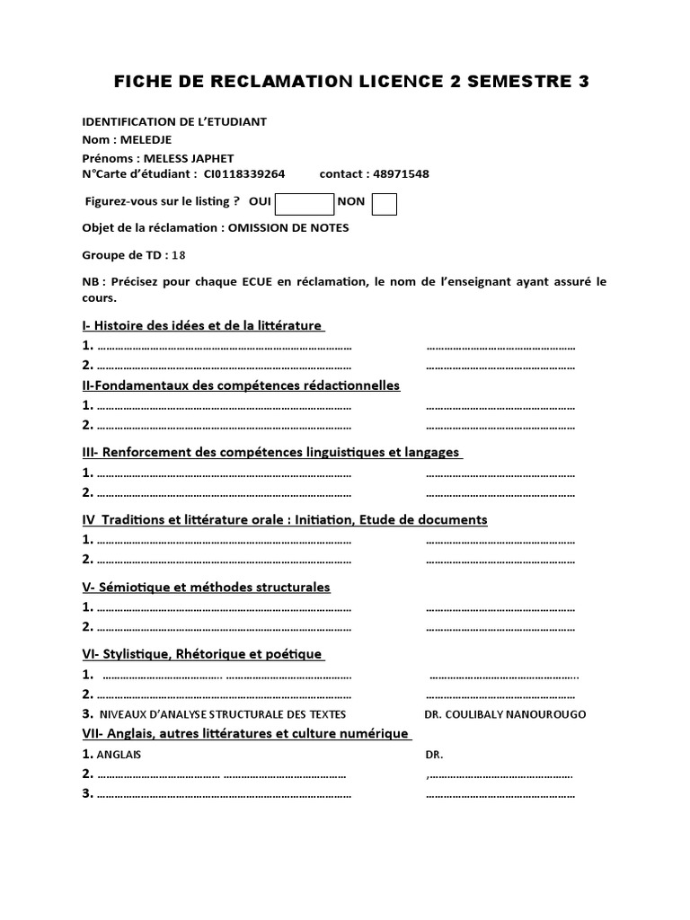 Fiche de Reclamation Licence2 (1) Yao | PDF