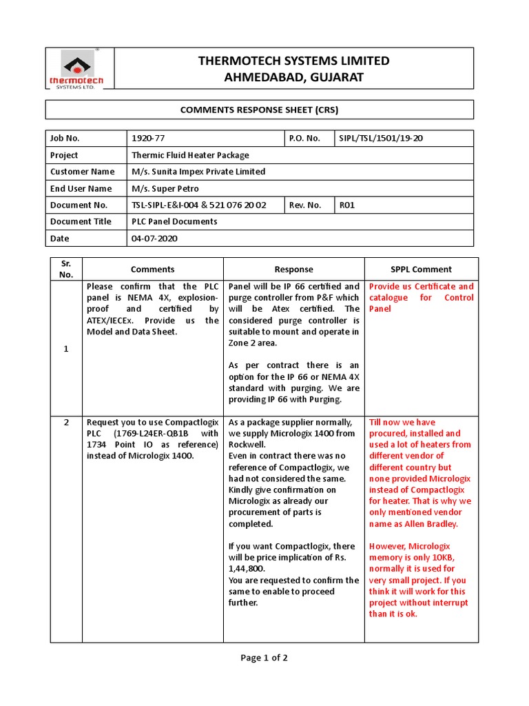 Thermotech Systems Limited Ahmedabad, Gujarat: Comments Response Sheet ...