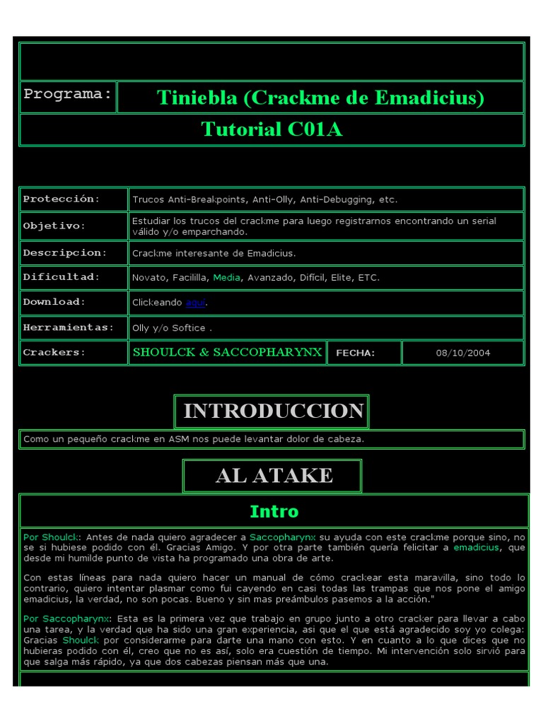 Tutorial C01A - Tiniebla (Crackme) PDF | PDF | Puntero (Programación de computadora) | Ecuaciones
