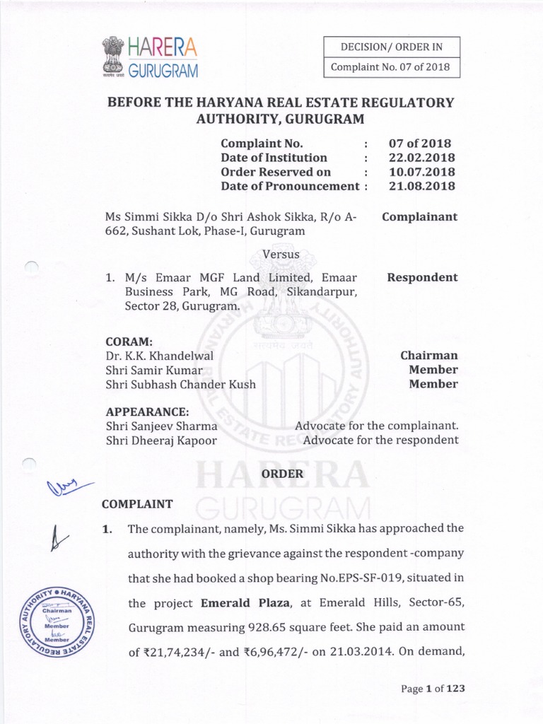 Haryana Real Estate Regulatory Authority - Ms Simmi Sikka Vs Ms Emaar ...