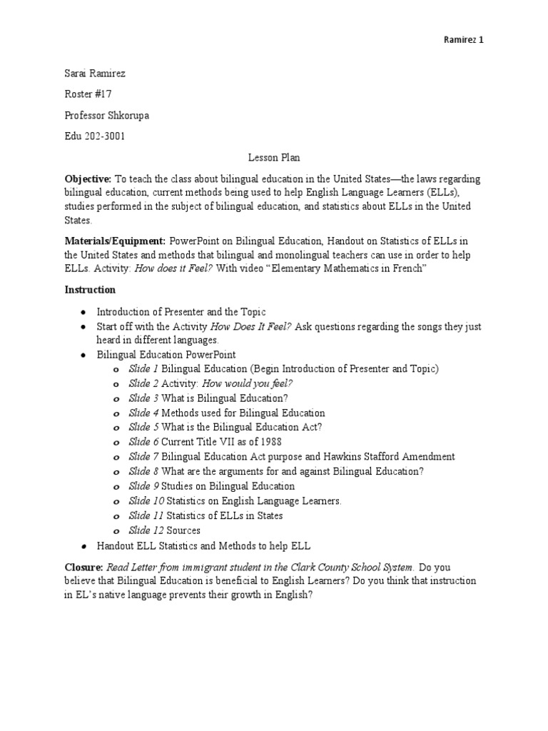 Bilingual Education Lesson Plan | PDF | Multilingualism | First Language