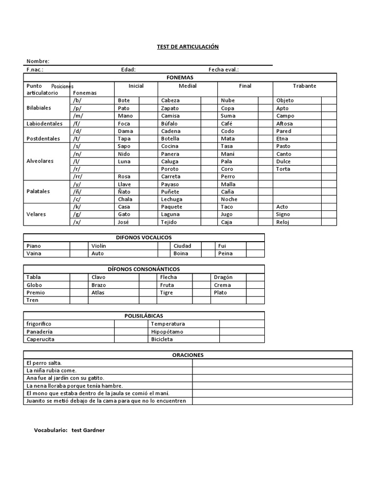 Prueba de Articulación de Fonemas | PDF