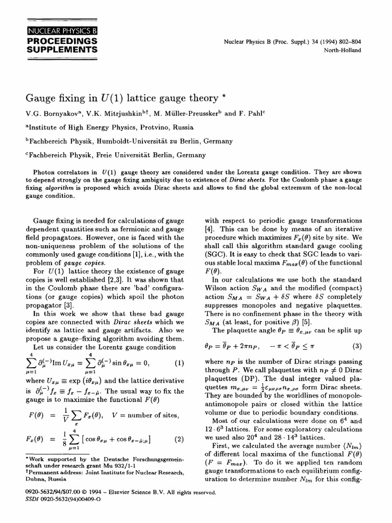 Gauge Fixing In U 1 Lattice Gauge Theory Pdf Pdf Gauge Theory Photon