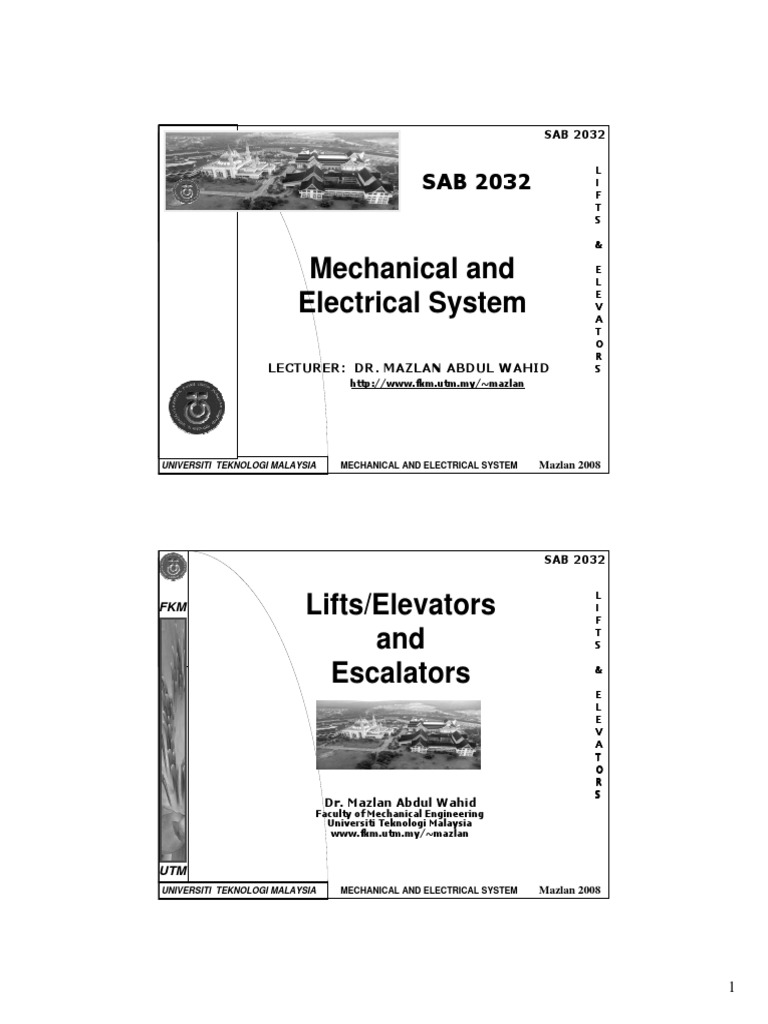 Mazlan's Lecture MNE - Lifts and Elevators - 1st | PDF | Elevator | Electric Motor