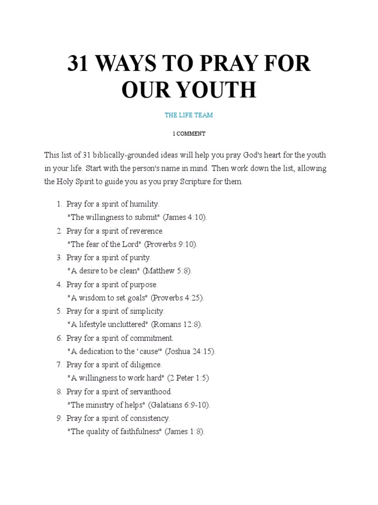 31 Ways To Pray For Our Youth | PDF | Epistle To The Colossians | Prayer