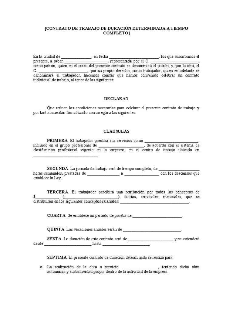 5 - Contrato de Trabajo de Duración Determinada A Tiempo Completo | PDF ...