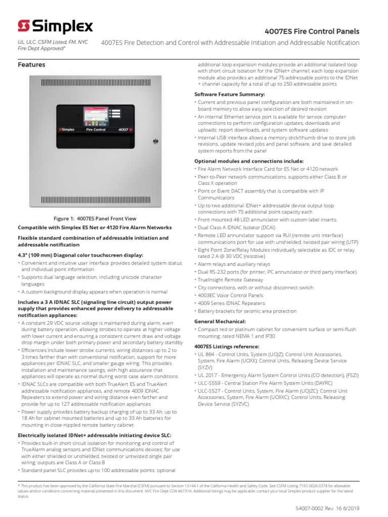 4007ES Fire Detection and Control With Addressable Initiation and ...