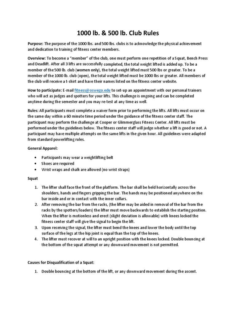 1000 Lb. & 500 Lb. Club Rules: Fitness@oswego - Edu | PDF | Hobbies ...