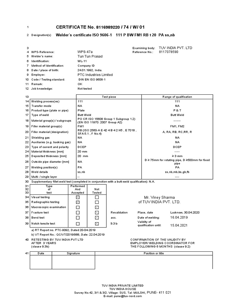 Certificate No. / 74 / W/ 01: Welder S Certificate ISO 9606-1 111 P BW ...