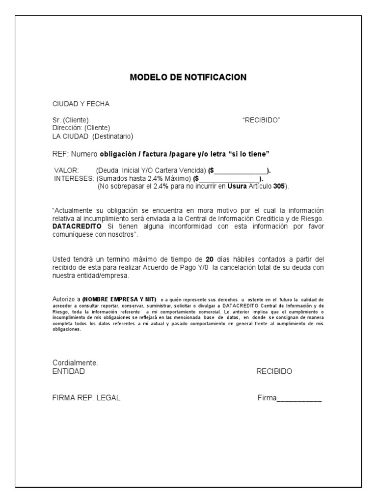 Modelo de Notificacion | PDF | Pagos | Responsabilidad (contabilidad ...