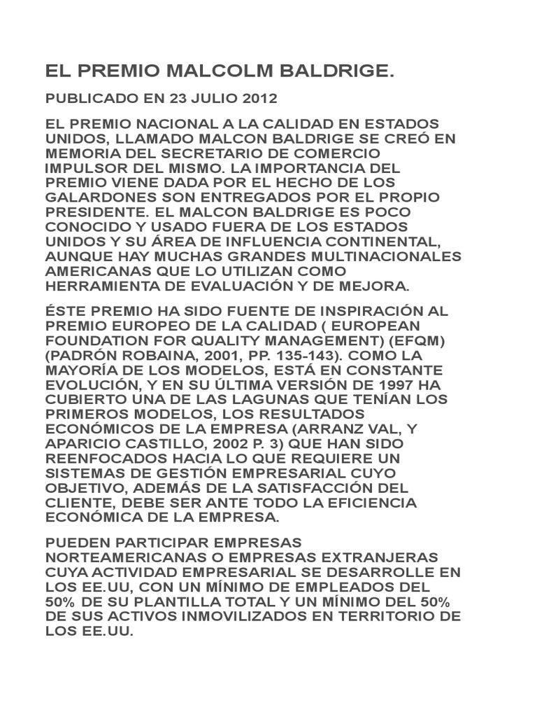 Premio Malcolm Baldrige: Excelencia Empresarial | PDF | Calidad ...