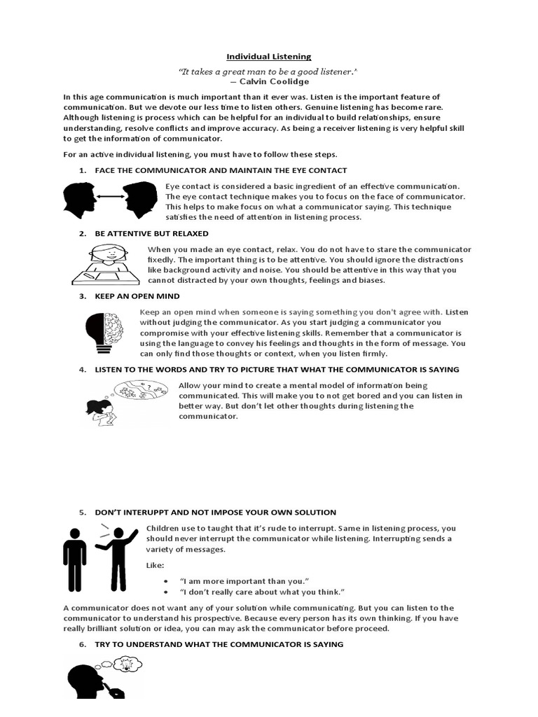 Individual Listening: 1. Face The Communicator and Maintain The Eye ...