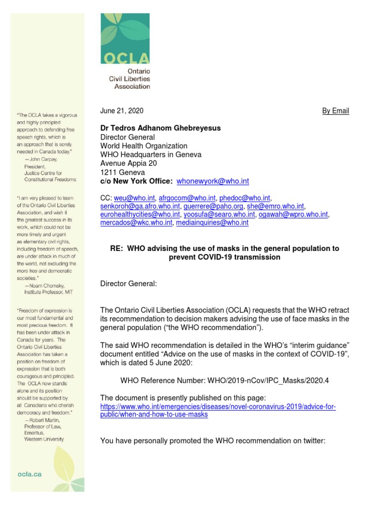 Letter From OCLA To The Director General of The World Health ...