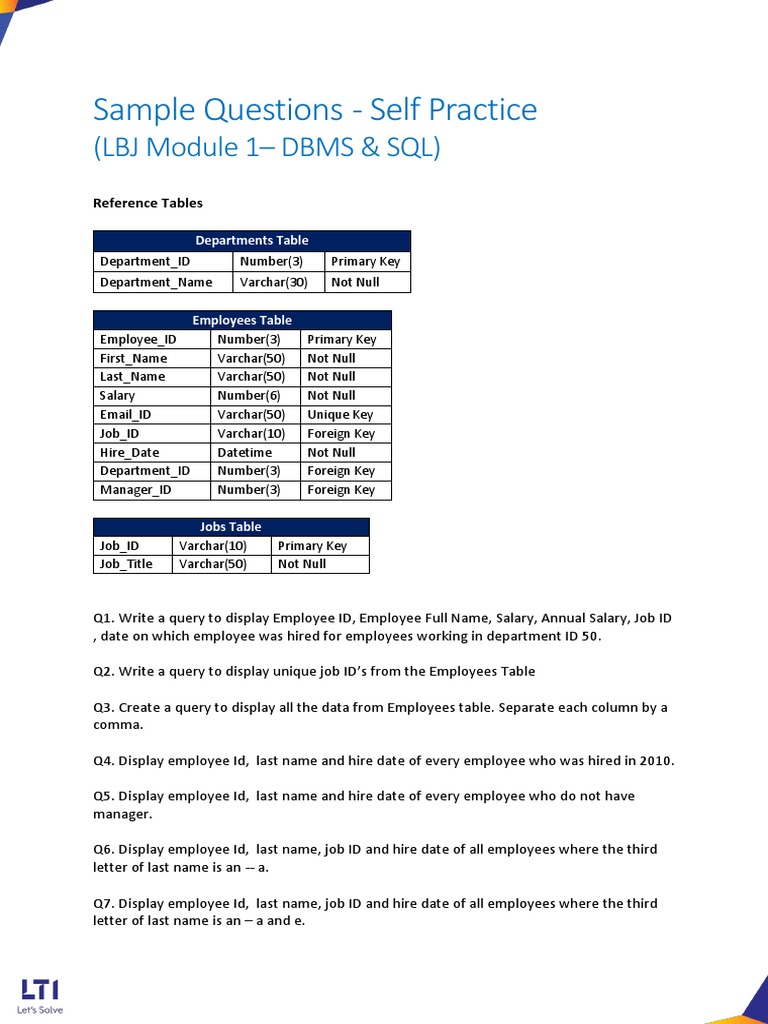 Sample Questions - Self Practice (LBJ Module-1 - DBMS & SQL) | PDF | Information Technology ...