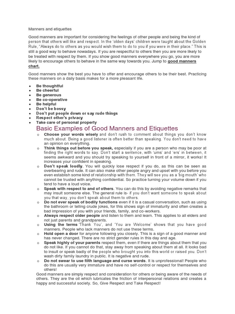 Basic Examples of Good Manners and Etiquettes: Chart | PDF | Profanity