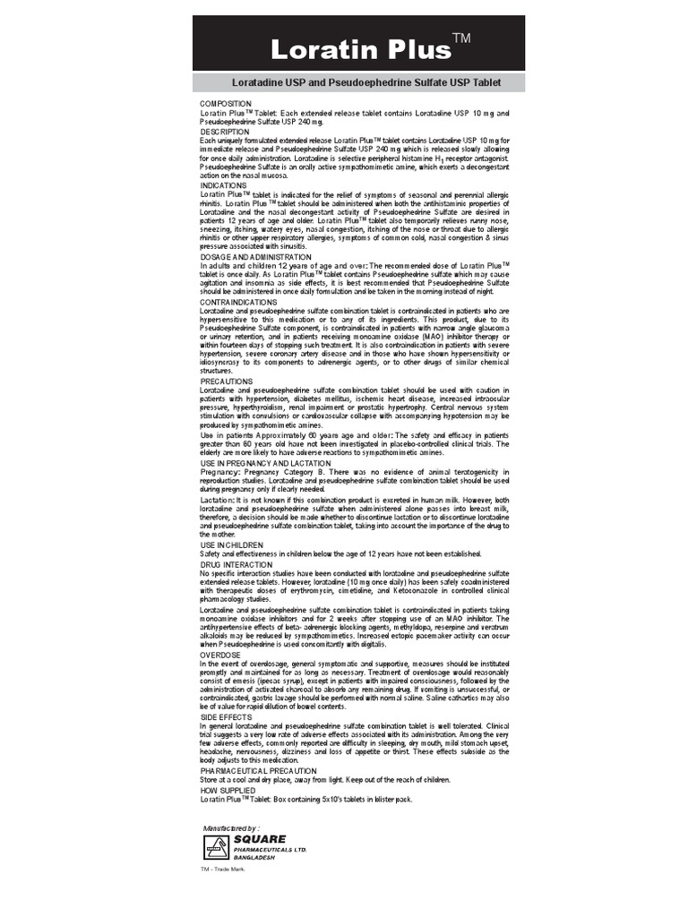 Loratin Plus: Loratadine USP and Pseudoephedrine Sulfate USP Tablet | PDF | Medical Treatments ...