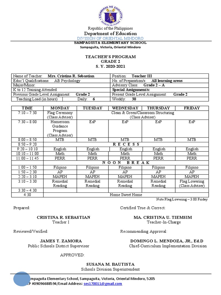 Department of Education: Teacher'S Program Grade 2 S. Y. 2020-2021 ...