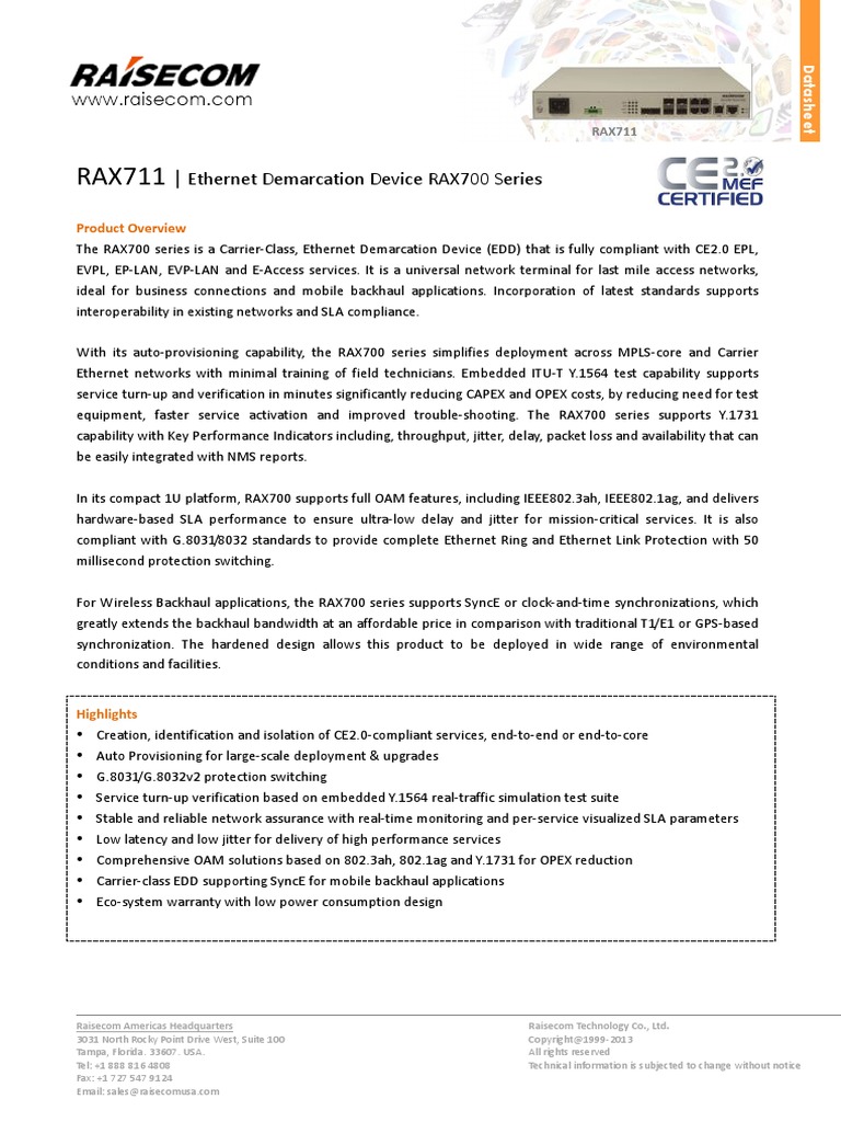 Raisecom - RAX700 Series Datasheet | PDF | Network Switch | Ethernet