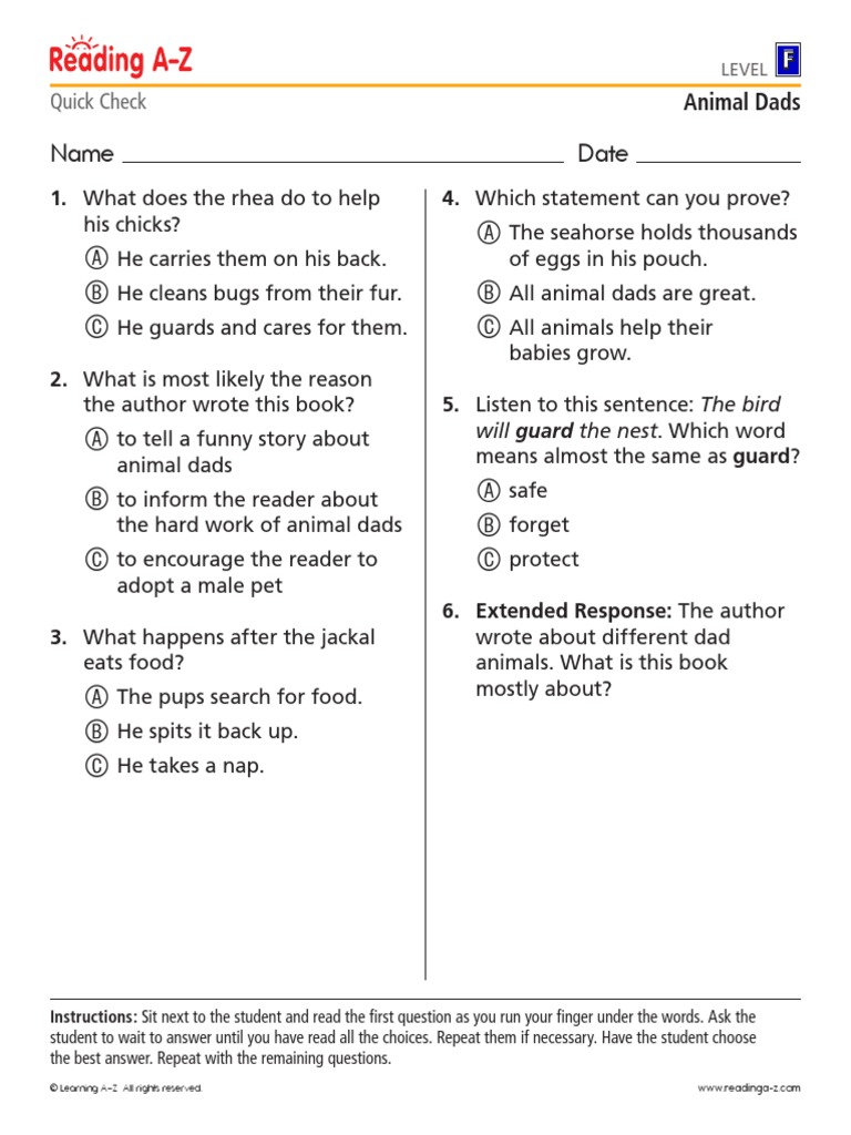 Animal Dads Quiz | PDF | Question | Learning