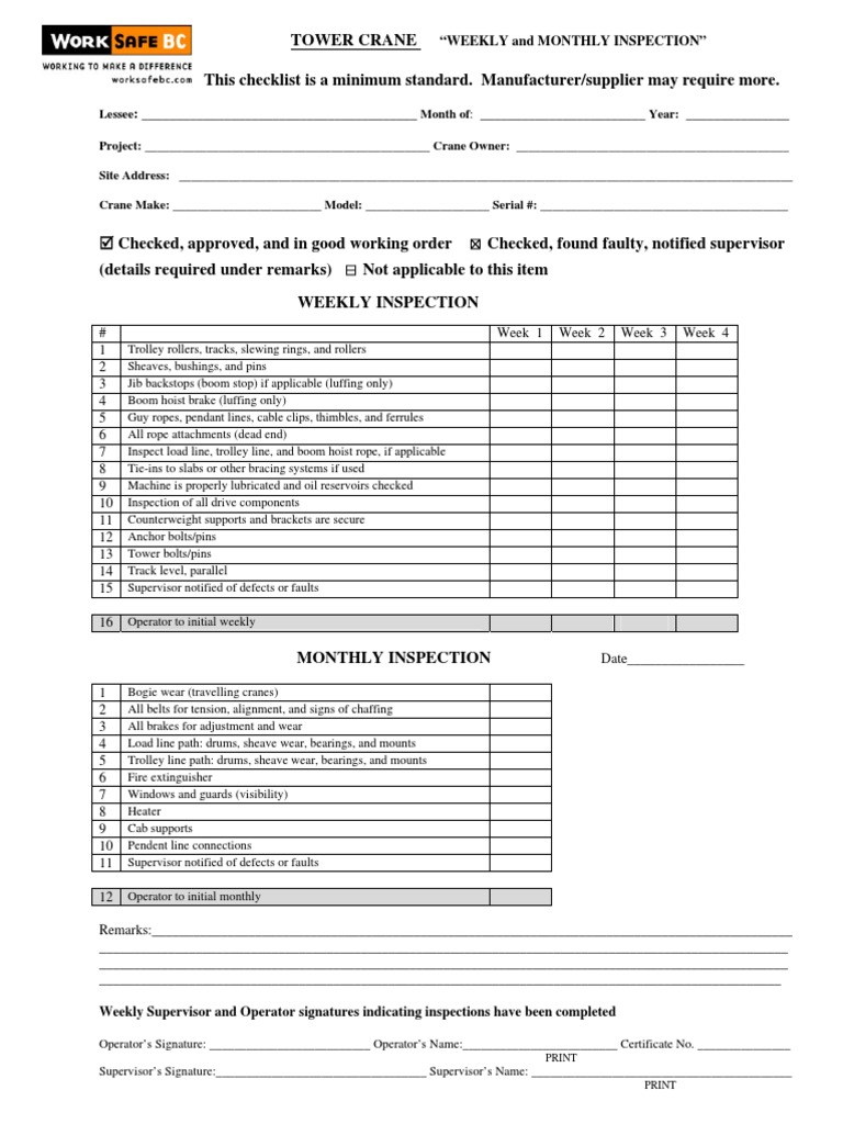 Weekly Monthly Inspection-Pdf-En PDF | PDF | Crane (Machine) | Machines