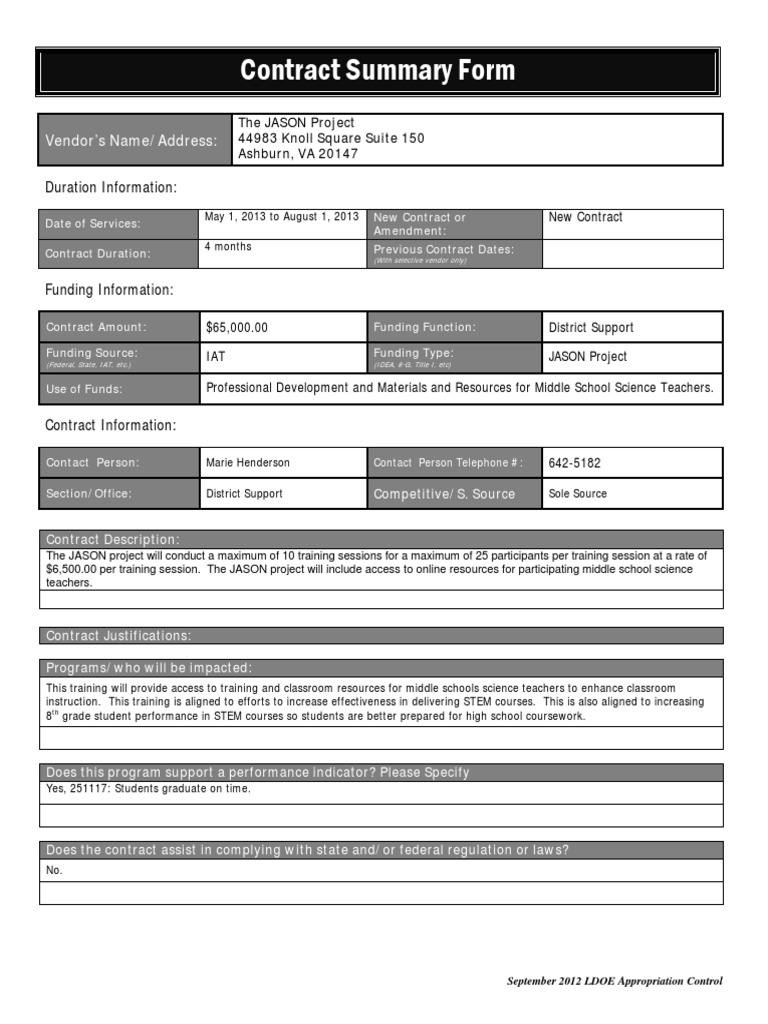 Contract Summary Form Template | PDF | Elementary And Secondary ...