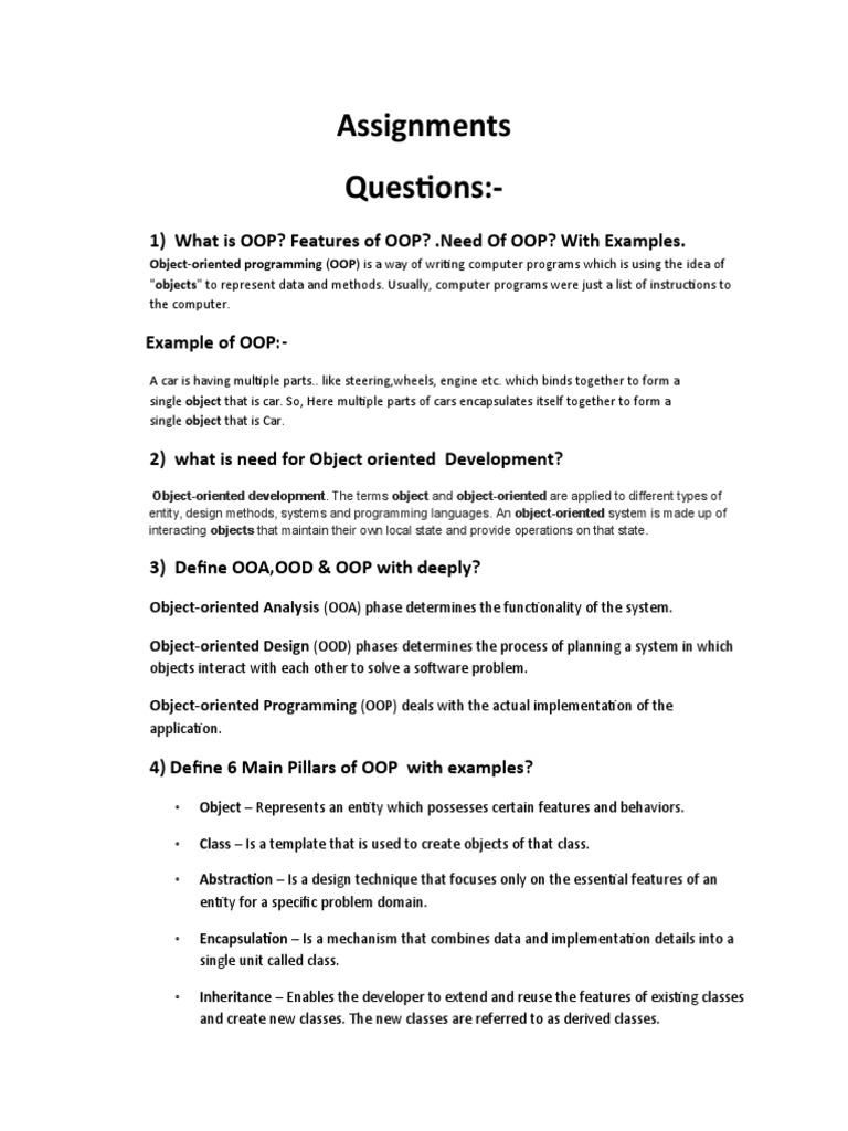 Assignments Questions 1 What Is Oop Features Of Oop Need Of Oop With Examples Pdf 