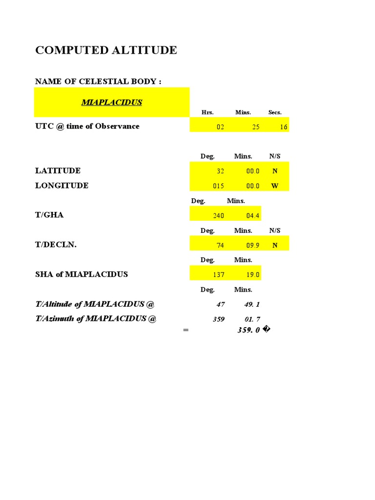 Computed Altitude: Name of Celestial Body | PDF | Longitude | Stars
