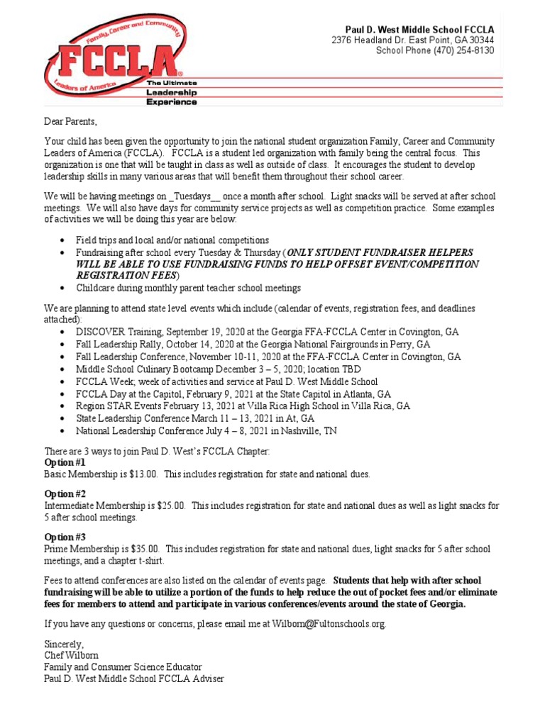 2020 - 2021 Fccla Parent Letter | PDF | Fee | Business