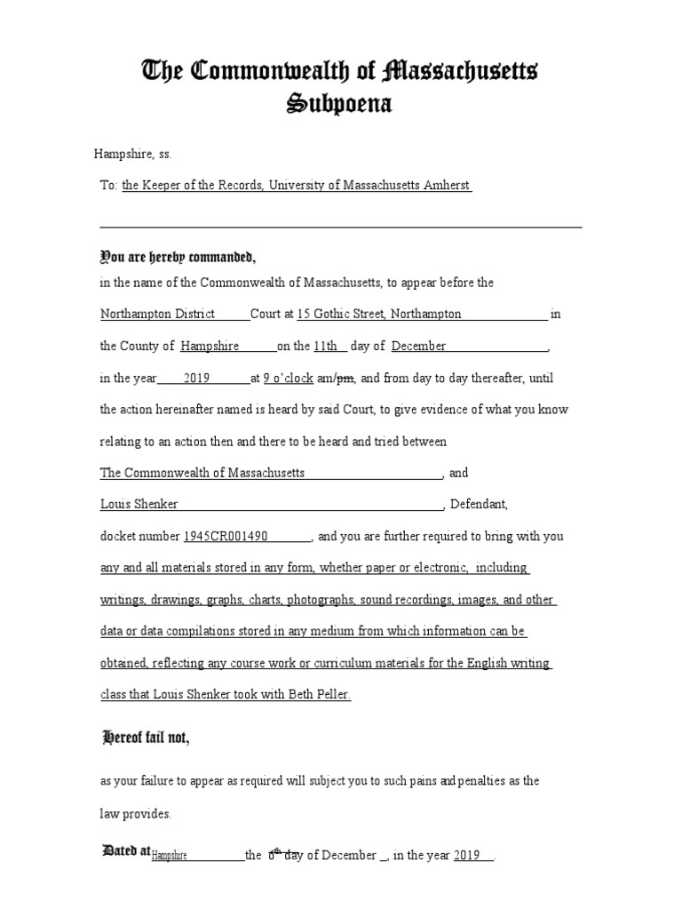 Subpoena To UMASS Amherst | PDF
