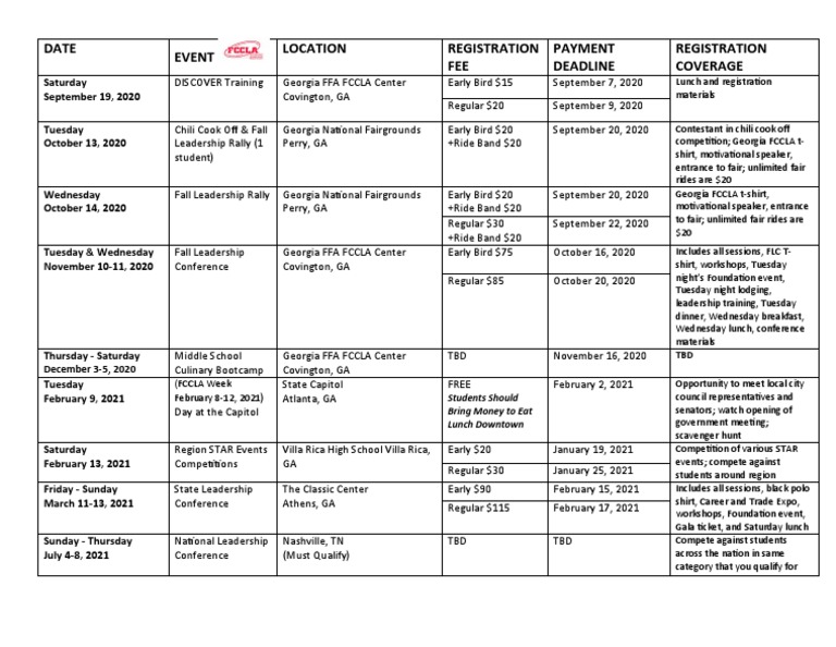 2020 - 2021 Fccla Calendar of Events and Deadlines | PDF